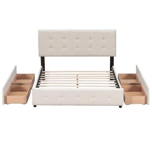 Wooden Queen Bed Frame Upholstered Platform Bed with Classic Headboard and 4 Drawers, No Box Spring Needed, Linen Fabric, Queen Size Beige