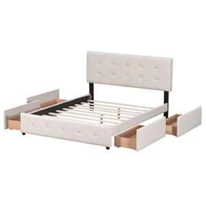 Wooden Queen Bed Frame Upholstered Platform Bed with Classic Headboard and 4 Drawers, No Box Spring Needed, Linen Fabric, Queen Size Beige