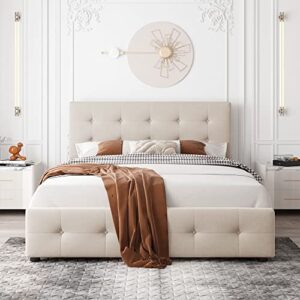 Wooden Queen Bed Frame Upholstered Platform Bed with Classic Headboard and 4 Drawers, No Box Spring Needed, Linen Fabric, Queen Size Beige