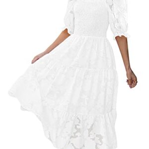 LILLUSORY Women's Flowy Puffy Spring Short Sleeve Dress 2023 Floral White Maxi Dress with Sleeves M