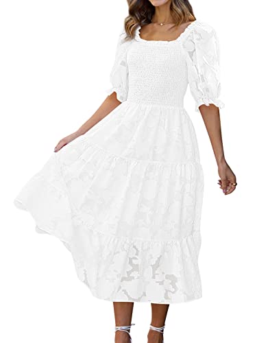 LILLUSORY Women's Flowy Puffy Spring Short Sleeve Dress 2023 Floral White Maxi Dress with Sleeves M