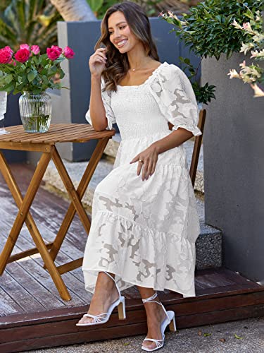 LILLUSORY Women's Flowy Puffy Spring Short Sleeve Dress 2023 Floral White Maxi Dress with Sleeves M