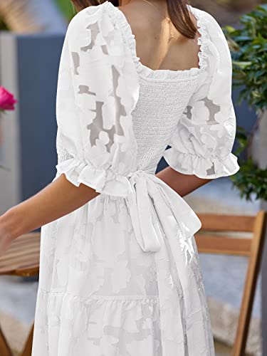 LILLUSORY Women's Flowy Puffy Spring Short Sleeve Dress 2023 Floral White Maxi Dress with Sleeves M