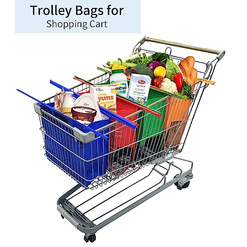 Trolley Bags for Shopping Cart-Set of 4 Shopping cart Bags for Groceries with Cooler Bag & Egg/Wine holder.Eco-Friendly 4 Reusable Grocery Cart Bags/Grocery Tote Bag/Cart Daddy(Orange,Green,Red,Blue)