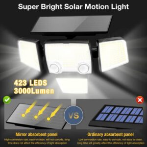 Solar Outdoor Lights - 3000LM 423 LED Motion Sensor Outdoor Lights, 4 Heads IP65 Waterproof Powered Security Flood Lights, 270°Wide Lighting Angle Wall Light with Dual Sensors for Backyard Yard Patio