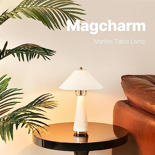 MAGCHARM Table Lamp, Bedside Lamps with 4W LED Bulb, Natural Marble Base, Metal Lampshade, 3000K Color, On/Off Switch Nightstand Lamp, Mid-Century Modern Table Lamps for Bedroom, Living Room End Table