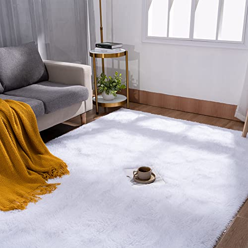 Przemy 5 x 8 Feet Large Living Room Rug, Soft Fluffy Shaggy Area Rugs for Bedroom, White Plush Throw Rug Fuzzy Carpets for Kids Room Girls Boys Dorm Nursery Indoor Home Decor