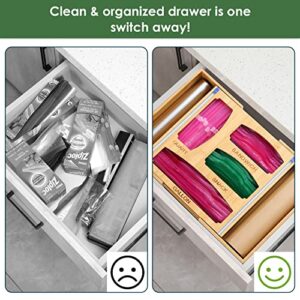 Ziplock Bag Storage Organizer, Expandable Kitchen Drawer Dispenser for Food Storage Bag, Bamboo Holder with Slide Cutter, Suitable Gallon, Quart, Sandwich, Snack Bags and 12" Aluminum Foil & Wax Paper