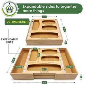 Ziplock Bag Storage Organizer, Expandable Kitchen Drawer Dispenser for Food Storage Bag, Bamboo Holder with Slide Cutter, Suitable Gallon, Quart, Sandwich, Snack Bags and 12" Aluminum Foil & Wax Paper