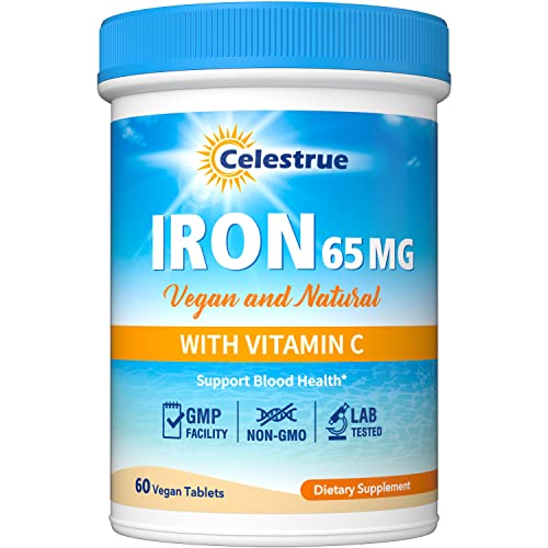 Celestrue Iron Supplement, Elemental Iron 65 mg, with Vitamin C, Non-Constipating, Gentle on The Stomach, Once Daily, Vegan, Red Blood Cell Support, 60 Tabs