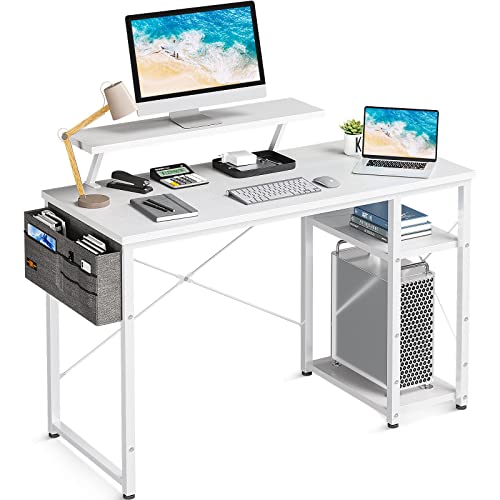 ODK 40 Inch Computer Desk with Monitor Stand and Reversible 2-Tier Storage Shelves Home Office Desks, Work Study PC Office Desk for Small Spaces, White Desk with Shelves