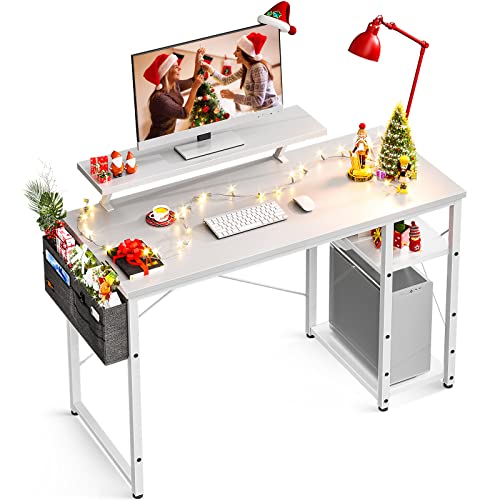 ODK 40 Inch Computer Desk with Monitor Stand and Reversible 2-Tier Storage Shelves Home Office Desks, Work Study PC Office Desk for Small Spaces, White Desk with Shelves