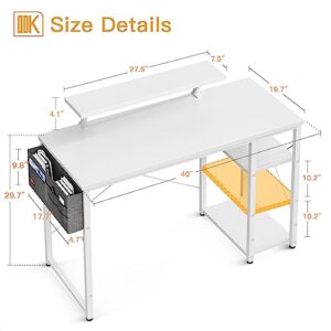 ODK 40 Inch Computer Desk with Monitor Stand and Reversible 2-Tier Storage Shelves Home Office Desks, Work Study PC Office Desk for Small Spaces, White Desk with Shelves