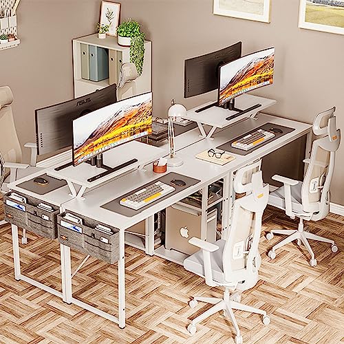 ODK 40 Inch Computer Desk with Monitor Stand and Reversible 2-Tier Storage Shelves Home Office Desks, Work Study PC Office Desk for Small Spaces, White Desk with Shelves