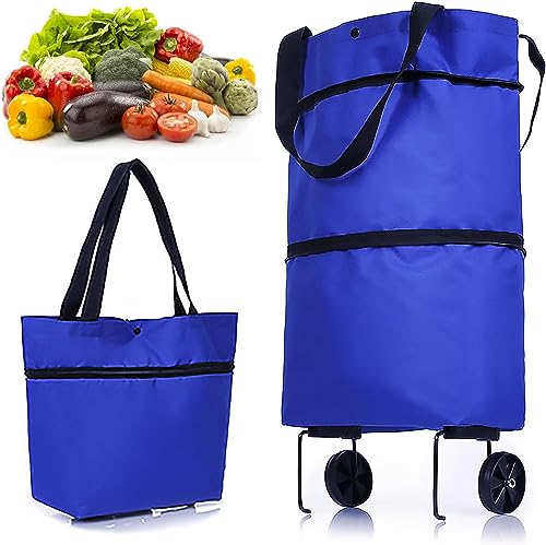 YASYU Foldable Shopping Bag with Wheels Folding Shopping Trolley Tote Bag on Wheels Collapsible Shopping Cart Bags 2 in 1 Reusable Grocery Bags Travel Bag (Blue)