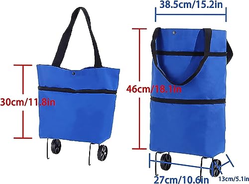 YASYU Foldable Shopping Bag with Wheels Folding Shopping Trolley Tote Bag on Wheels Collapsible Shopping Cart Bags 2 in 1 Reusable Grocery Bags Travel Bag (Blue)