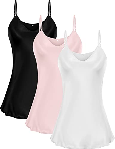 3 Pack Women's Silk Nightgown, Satin Sleepwear Adjustable Spaghetti Strap Nightwear Chemise V Neck Slip Dress (Black, White, Pink, Small)