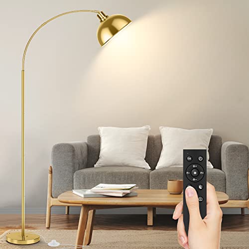 Arc Floor Lamps for Living Room, Modern Tall Standing Lamp Remote Control,Stepless Dimmable Gold Floor Lamp with Hanging Dome Shade, Over Couch Arched Reading Lamp for Bedroom, Office (Bulb Included)