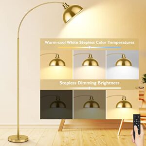 Arc Floor Lamps for Living Room, Modern Tall Standing Lamp Remote Control,Stepless Dimmable Gold Floor Lamp with Hanging Dome Shade, Over Couch Arched Reading Lamp for Bedroom, Office (Bulb Included)