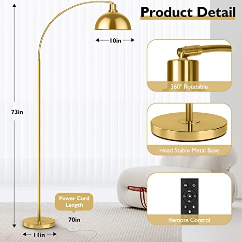 Arc Floor Lamps for Living Room, Modern Tall Standing Lamp Remote Control,Stepless Dimmable Gold Floor Lamp with Hanging Dome Shade, Over Couch Arched Reading Lamp for Bedroom, Office (Bulb Included)