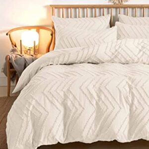 Nanko Beige Duvet Cover Queen Size, 3pc Boho Tufted Microfiber Bedding Comforter Cover Set, All Season Aesthetic Shabby Chic Soft Embroidery Textured Geometric Quilt Cover (90x90)