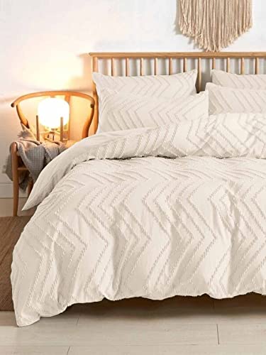 Nanko Beige Duvet Cover Queen Size, 3pc Boho Tufted Microfiber Bedding Comforter Cover Set, All Season Aesthetic Shabby Chic Soft Embroidery Textured Geometric Quilt Cover (90x90)