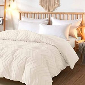 Nanko Beige Duvet Cover Queen Size, 3pc Boho Tufted Microfiber Bedding Comforter Cover Set, All Season Aesthetic Shabby Chic Soft Embroidery Textured Geometric Quilt Cover (90x90)