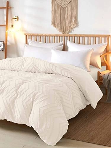 Nanko Beige Duvet Cover Queen Size, 3pc Boho Tufted Microfiber Bedding Comforter Cover Set, All Season Aesthetic Shabby Chic Soft Embroidery Textured Geometric Quilt Cover (90x90)