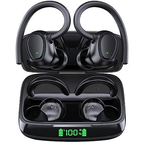 KORSKR Wireless Earbuds Bluetooth 5.3 Ear Buds 42Hrs Playtime Bluetooth Headphones with Charging Case Stereo Bass Over-Ear Earphones with Earhooks Built-in Mic Waterproof Headset for Sports Black