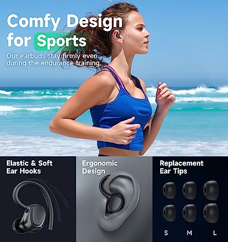 KORSKR Wireless Earbuds Bluetooth 5.3 Ear Buds 42Hrs Playtime Bluetooth Headphones with Charging Case Stereo Bass Over-Ear Earphones with Earhooks Built-in Mic Waterproof Headset for Sports Black