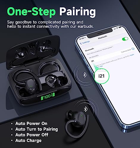 KORSKR Wireless Earbuds Bluetooth 5.3 Ear Buds 42Hrs Playtime Bluetooth Headphones with Charging Case Stereo Bass Over-Ear Earphones with Earhooks Built-in Mic Waterproof Headset for Sports Black