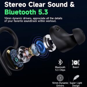 KORSKR Wireless Earbuds Bluetooth 5.3 Ear Buds 42Hrs Playtime Bluetooth Headphones with Charging Case Stereo Bass Over-Ear Earphones with Earhooks Built-in Mic Waterproof Headset for Sports Black