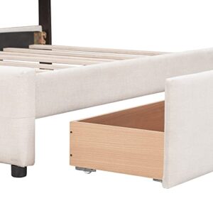 Lostcat Queen Upholstered Bed Frame with 4 Drawers,Linen Fabric Platform Storage Bed with Adjustable Button Tufted Headboard and Solid Wooden Slats Support,No Box Spring Needed,Beige