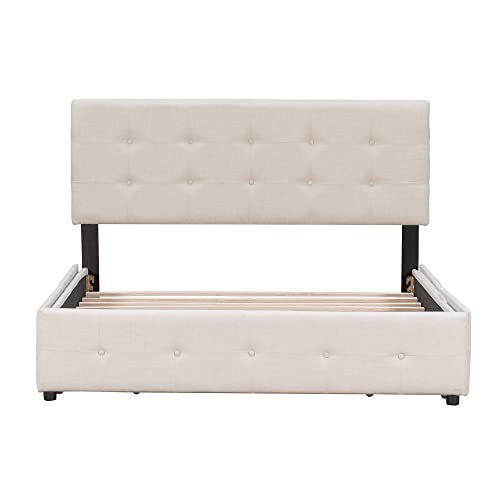 Lostcat Queen Upholstered Bed Frame with 4 Drawers,Linen Fabric Platform Storage Bed with Adjustable Button Tufted Headboard and Solid Wooden Slats Support,No Box Spring Needed,Beige