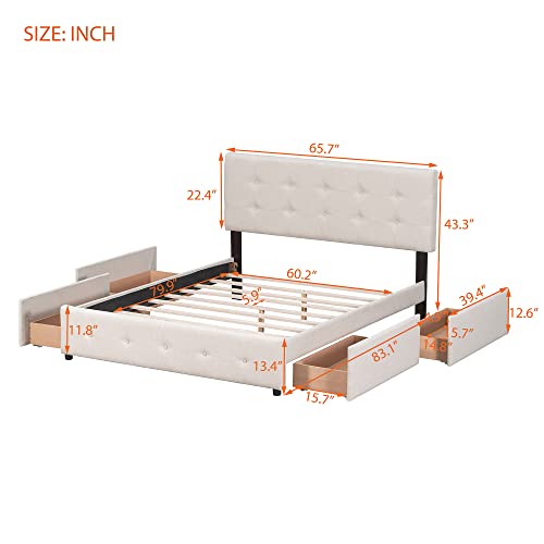 Lostcat Queen Upholstered Bed Frame with 4 Drawers,Linen Fabric Platform Storage Bed with Adjustable Button Tufted Headboard and Solid Wooden Slats Support,No Box Spring Needed,Beige