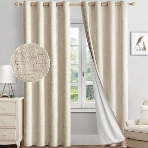 miulee linen textured 100% blackout curtains for bedroom 96 inches long natural beige thermal insulated black out curtains/draperies with white liner for living room/nursery, grommet top, 2 panels