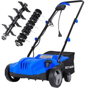 bilt hard dethatcher scarifier electric powered, 12 amp copper motor 13 inch raking width, 8 gal thatch bag, 2 in 1 walk behind thatch removing machine for lawn