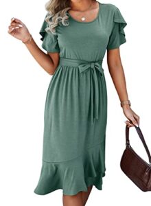 dokotoo womens 2023 summer spring dresses casual wrap round neck short puff sleeve belt a-line ruffle hem formal midi dress green large