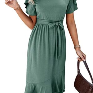 Dokotoo Womens 2023 Summer Spring Dresses Casual Wrap Round Neck Short Puff Sleeve Belt A-Line Ruffle Hem Formal Midi Dress Green Large