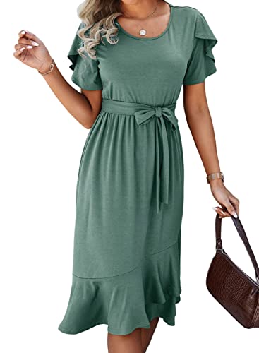 Dokotoo Womens 2023 Summer Spring Dresses Casual Wrap Round Neck Short Puff Sleeve Belt A-Line Ruffle Hem Formal Midi Dress Green Large