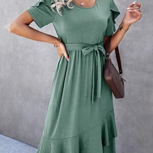 Dokotoo Womens 2023 Summer Spring Dresses Casual Wrap Round Neck Short Puff Sleeve Belt A-Line Ruffle Hem Formal Midi Dress Green Large