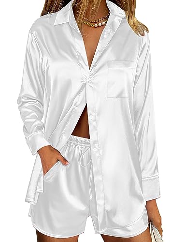 SWOMOG Women's Silk Lounge Sets 2 Piece Outfit Pajama Set Satin Button Down Tops Summer Silk Long Sleeve Shirts with Pocket White