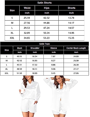 SWOMOG Women's Silk Lounge Sets 2 Piece Outfit Pajama Set Satin Button Down Tops Summer Silk Long Sleeve Shirts with Pocket White