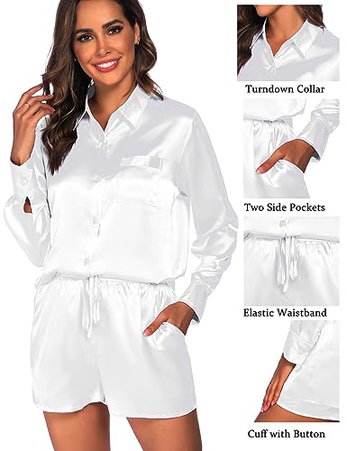 SWOMOG Women's Silk Lounge Sets 2 Piece Outfit Pajama Set Satin Button Down Tops Summer Silk Long Sleeve Shirts with Pocket White