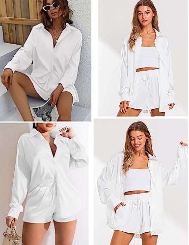 SWOMOG Women's Silk Lounge Sets 2 Piece Outfit Pajama Set Satin Button Down Tops Summer Silk Long Sleeve Shirts with Pocket White