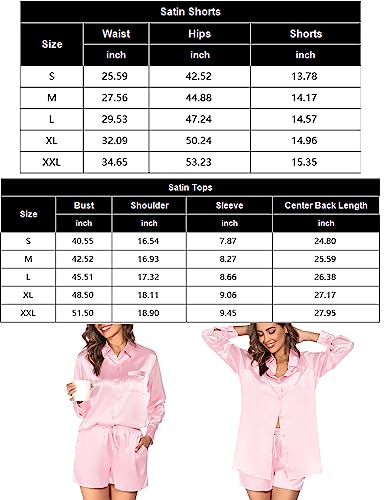 SWOMOG Casual Pink Outfits Button Down Pajamas Pjs Women's Silk Satin Long Sleeve Shirts and Shorts 2 Piece Lounge Sets