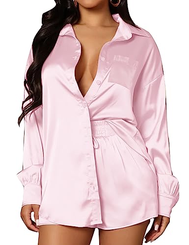 SWOMOG Casual Pink Outfits Button Down Pajamas Pjs Women's Silk Satin Long Sleeve Shirts and Shorts 2 Piece Lounge Sets