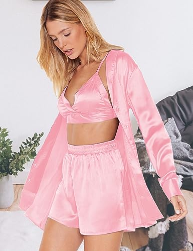 SWOMOG Casual Pink Outfits Button Down Pajamas Pjs Women's Silk Satin Long Sleeve Shirts and Shorts 2 Piece Lounge Sets