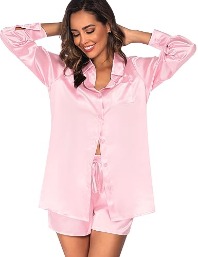 SWOMOG Casual Pink Outfits Button Down Pajamas Pjs Women's Silk Satin Long Sleeve Shirts and Shorts 2 Piece Lounge Sets