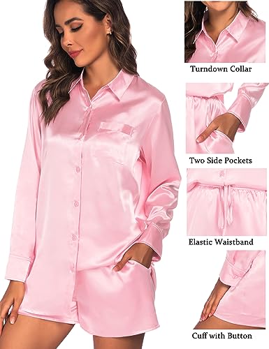 SWOMOG Casual Pink Outfits Button Down Pajamas Pjs Women's Silk Satin Long Sleeve Shirts and Shorts 2 Piece Lounge Sets